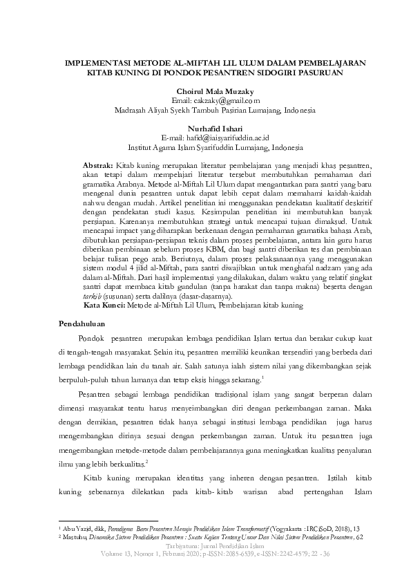 (PDF) IMPLEMENTASI METODE AL-MIFTAH LIL ULUM DALAM PEMBELAJARAN KITAB KUNING DI PONDOK PESANTREN ...