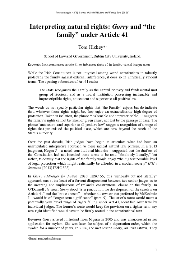 (PDF) Interpreting natural rights: Gorry and "the Family" under Article 41