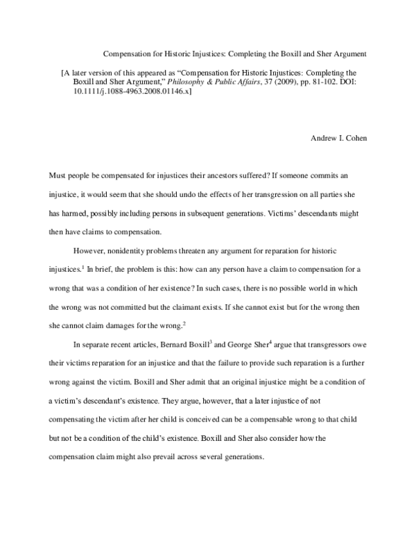 (PDF) Compensation for Historic Injustices: Completing the Boxill and ...