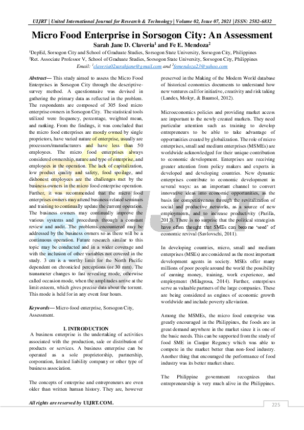 (PDF) Micro Food Enterprise in Sorsogon City: An Assessment