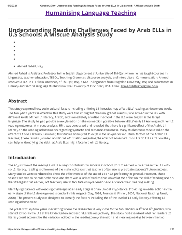 (PDF) Understanding Reading Challenges Faced by Arab ELLs in U.S ...