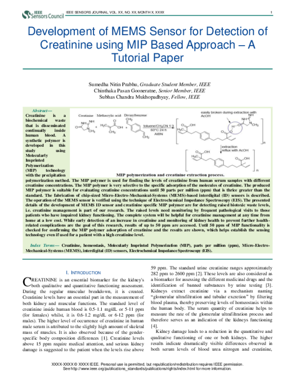 (PDF) Development of MEMS Sensor for Detection of Creatinine using MIP Based Approach – A ...
