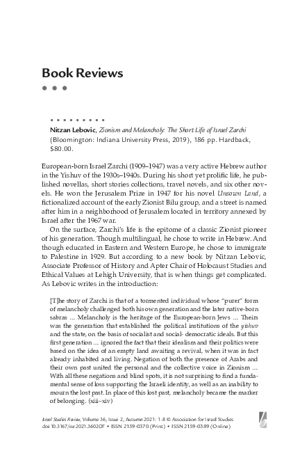 (PDF) Adi Mahalel Review of Zionism and Melancholy (Is. St. Rev.)