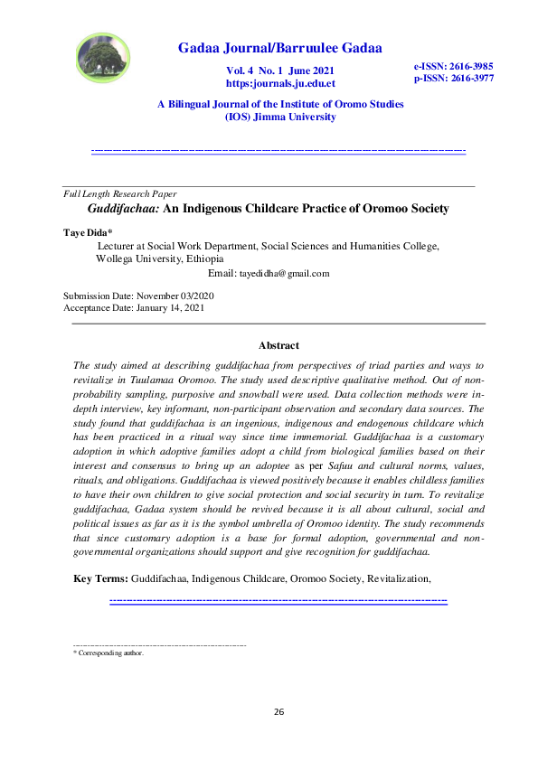 (PDF) Guddifachaa: An Indigenous Childcare Practice of Oromoo Society