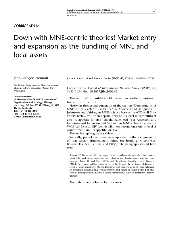 (PDF) Down with MNE-centric theories! Market entry and expansion as the ...