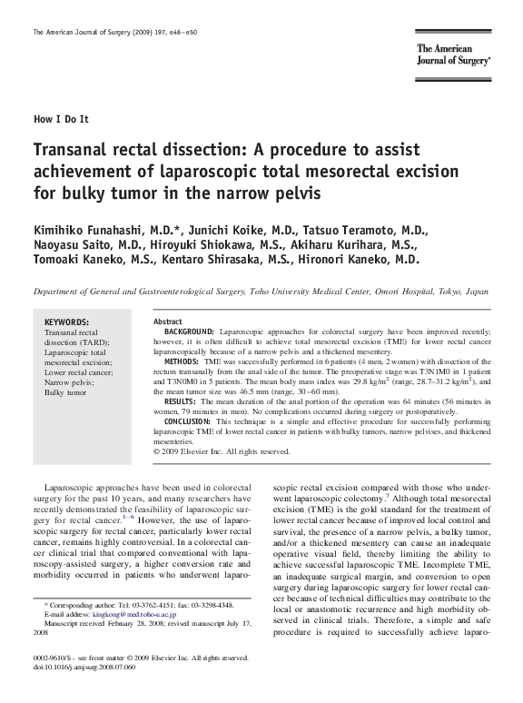 (PDF) Transanal rectal dissection: A procedure to assist achievement of laparoscopic total ...