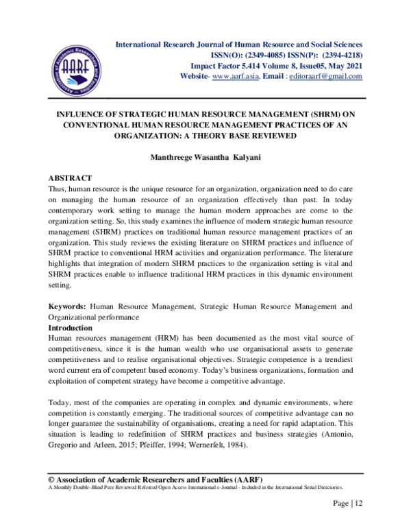 (PDF) INFLUENCE OF STRATEGIC HUMAN RESOURCE MANAGEMENT (SHRM) ON ...