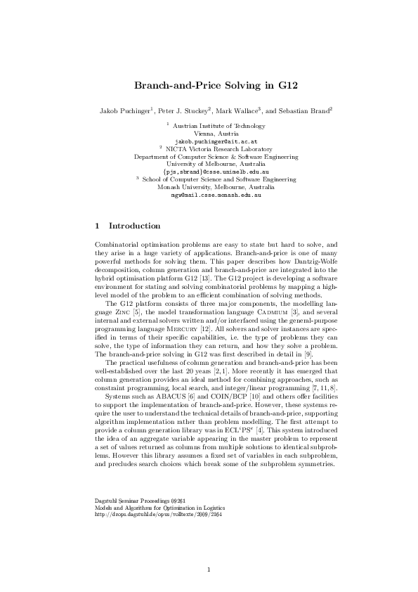 (PDF) Dantzig-Wolfe decomposition and branch-and-price solving in G12