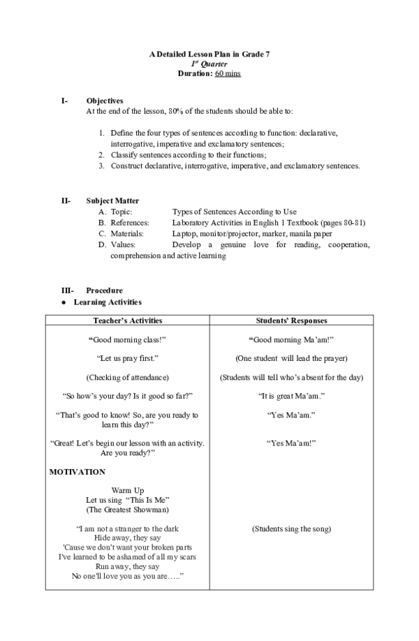 (DOC) A Detailed Lesson Plan in Grade 7 1 st Quarter Duration: 60 mins