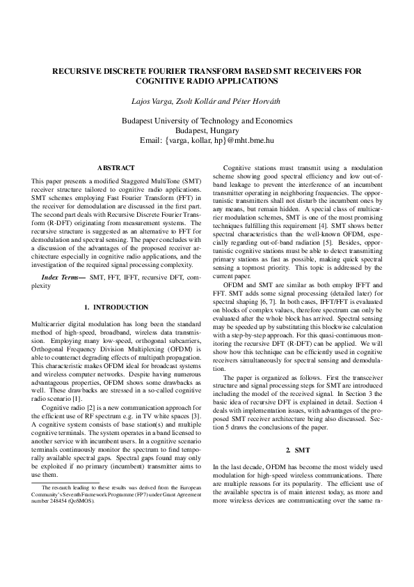 Pdf Recursive Discrete Fourier Transform Based Smt Receivers For Cognitive Radio Applications