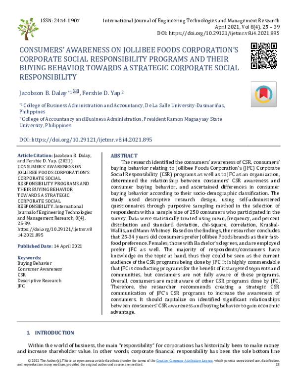 (PDF) CONSUMERS' AWARENESS ON JOLLIBEE FOODS CORPORATION'S CORPORATE ...