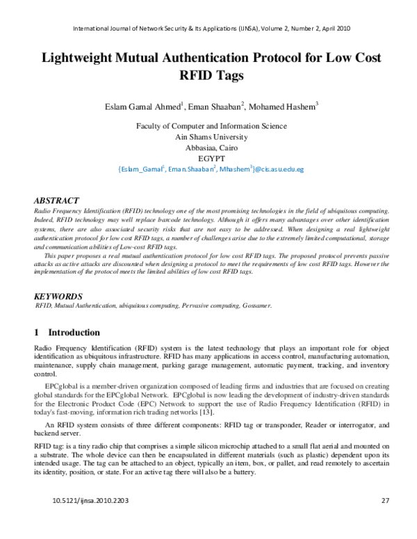 (PDF) Lightweight mutual authentication protocol for low cost RFID tags