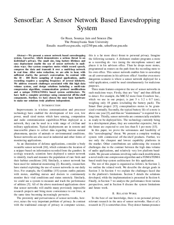 (PDF) SensorEar: A Sensor Network Based Eavesdropping System