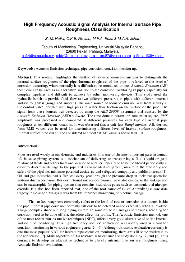 (PDF) High Frequency Acoustic Signal Analysis for Internal Surface Pipe ...