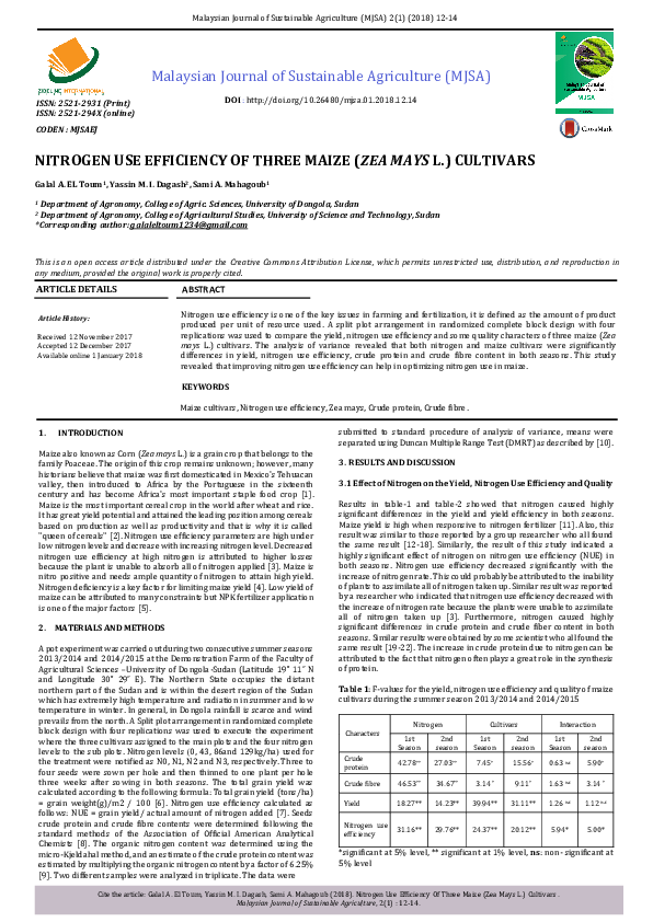 (PDF) Nitrogen Use Efficiency of Three Maize (Zea Mays L.) Cultivars