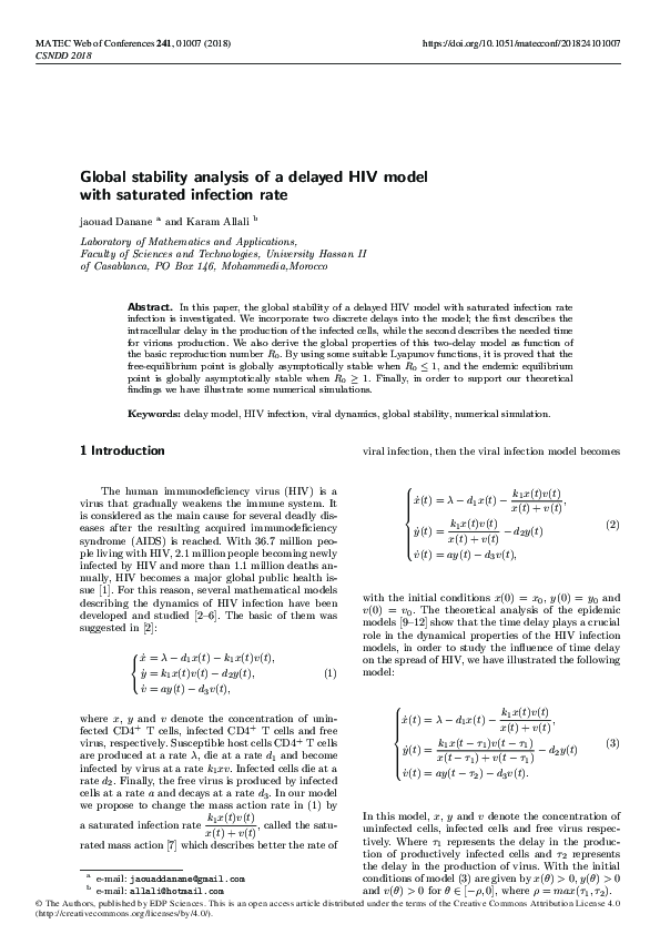 (PDF) Global stability analysis of a delayed HIV model with saturated ...