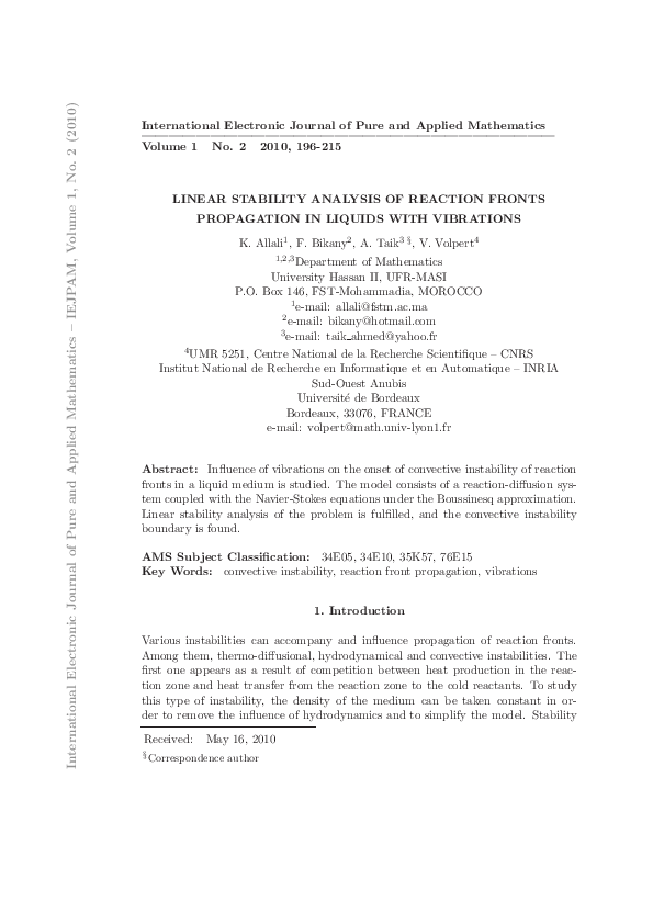 (PDF) Linear stability analysis of reaction front propagation in liquids with vibrations