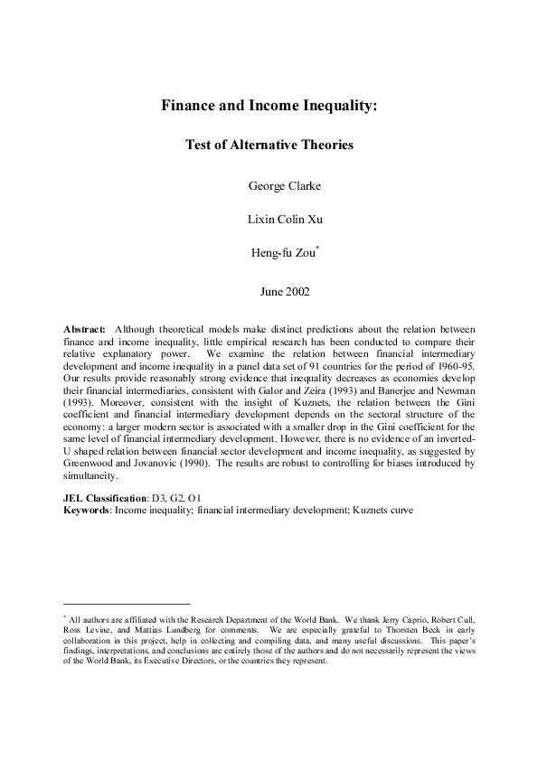 (PDF) Finance and Income Inequality: Test of Alternative Theories