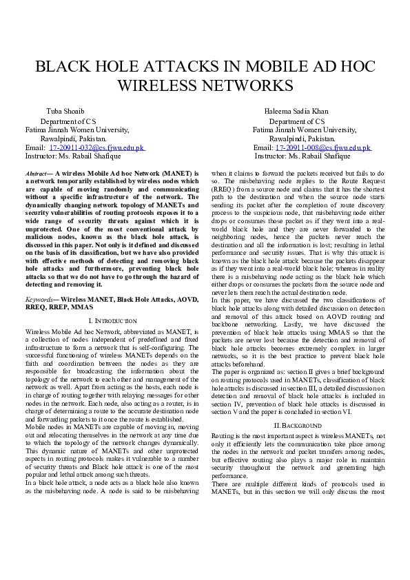Doc Black Hole Attacks In Mobile Ad Hoc Wireless Networks