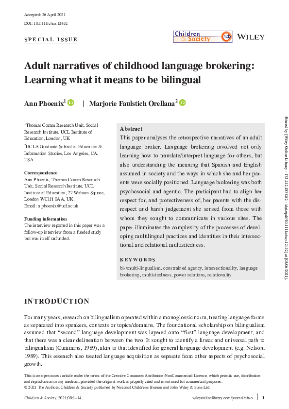 (PDF) Adult narratives of childhood language brokering: Learning what ...