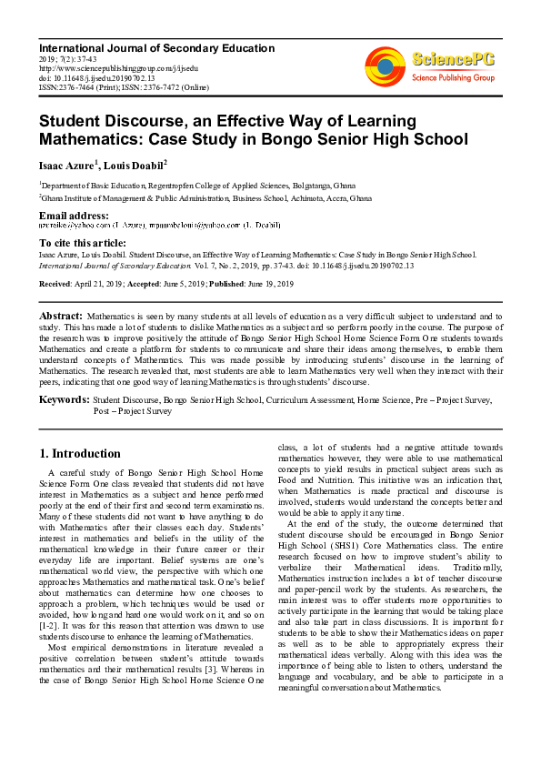 (PDF) Student Discourse, an Effective Way of Learning Mathematics: Case ...