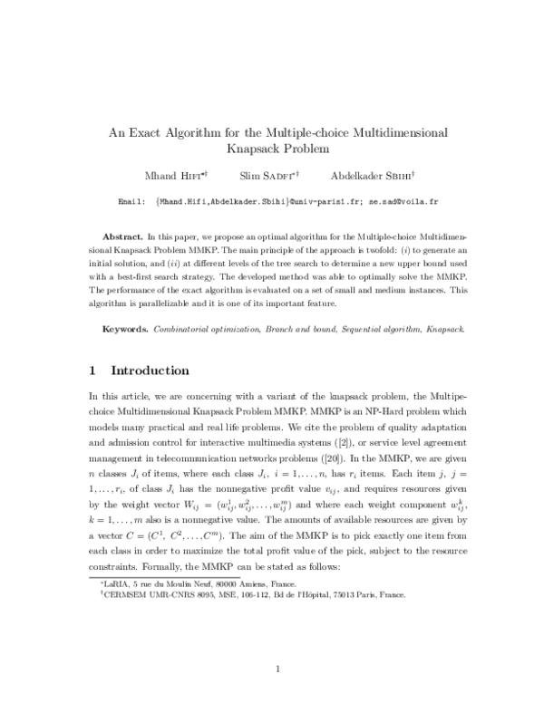 Pdf An Exact Algorithm For The Multiple Choice Multidimensional Knapsack Problem Abdelkader