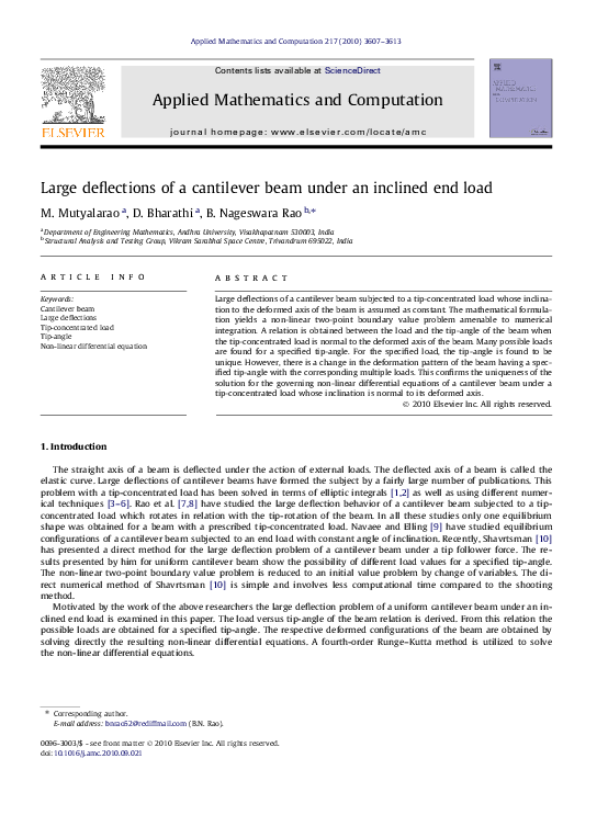 (PDF) Large deflections of a cantilever beam under an inclined end load