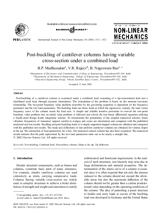 (PDF) Post-buckling of cantilever columns having variable cross-section under a combined load