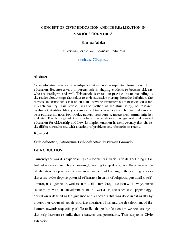 (PDF) CONCEPT OF CIVIC EDUCATION AND ITS REALIZATION IN VARIOUS COUNTRIES