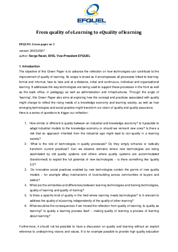 (PDF) From quality of eLearning to eQuality of learning