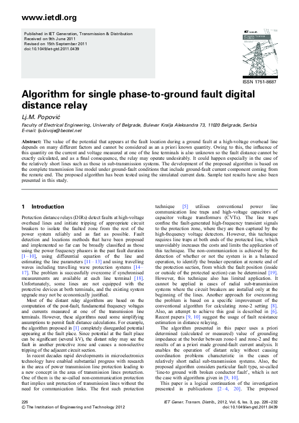 Pdf Algorithm For Single Phase To Ground Fault Digital Distance Relay