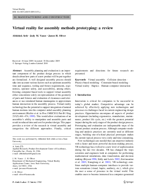 (PDF) Virtual reality for assembly methods prototyping: a review