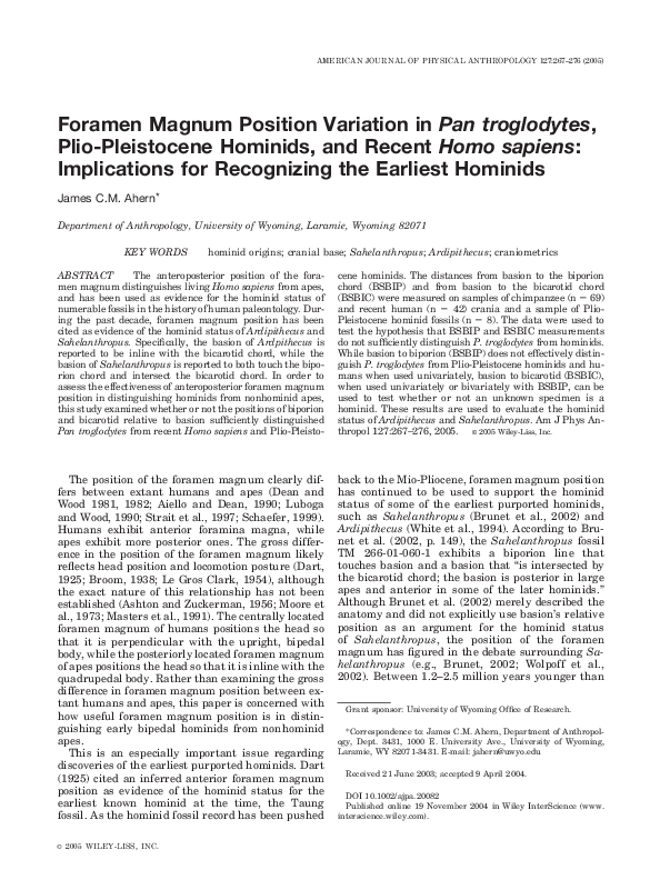 (PDF) Foramen magnum position variation in Pan troglodytes, Plio ...