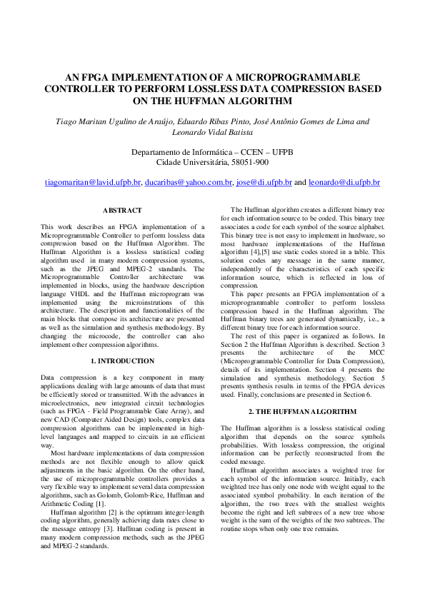 Pdf An Fpga Implementation Of A Microprogrammable Controller To Perform Lossless Data