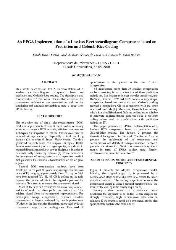 Pdf An Fpga Implementation Of A Lossless Electrocardiogram Compressor Based On Prediction And