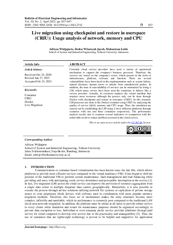 Pdf Live Migration Using Checkpoint And Restore In Userspace Criu Usage Analysis Of Network