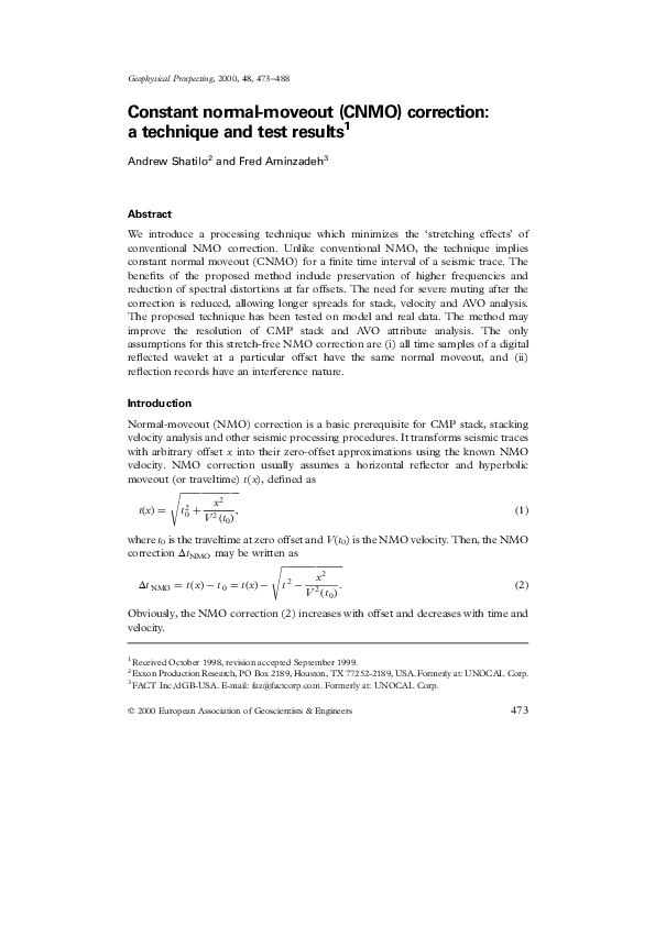 (PDF) Constant normal-moveout (CNMO) correction: a technique and test ...