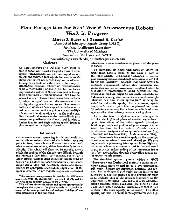 (PDF) Plan Recognition for Real-World Autonomous Robots: Work in Progress