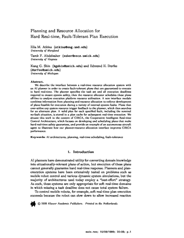 (PDF) Planning and resource allocation for hard real-time, fault-tolerant plan execution