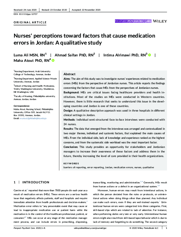 (PDF) Nurses' perceptions toward factors that cause medication errors in Jordan: A qualitative study