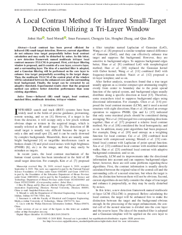 Pdf A Local Contrast Method For Infrared Small Target Detection Utilizing A Tri Layer Window