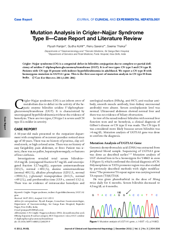 (PDF) Mutation Analysis in Crigler-Najjar Syndrome Type II—Case Report and Literature Review