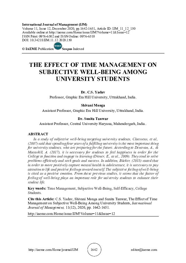 (PDF) THE EFFECT OF TIME MANAGEMENT ON SUBJECTIVE WELL-BEING AMONG ...