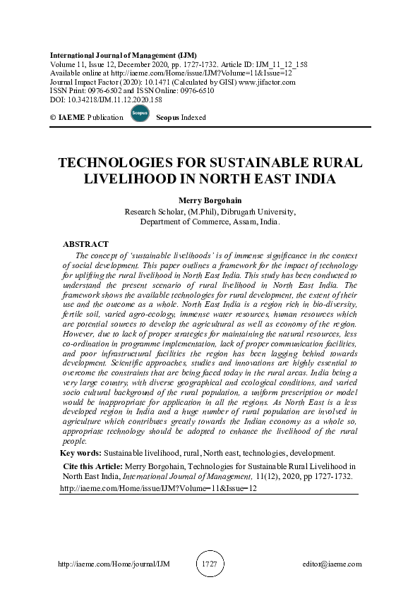 (PDF) TECHNOLOGIES FOR SUSTAINABLE RURAL LIVELIHOOD IN NORTH EAST INDIA