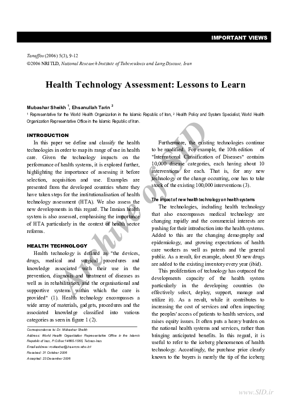 (PDF) Health Technology Assessment: Lessons to Learn