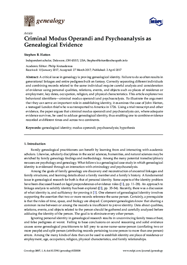 (PDF) Criminal Modus Operandi and Psychoanalysis as Genealogical Evidence