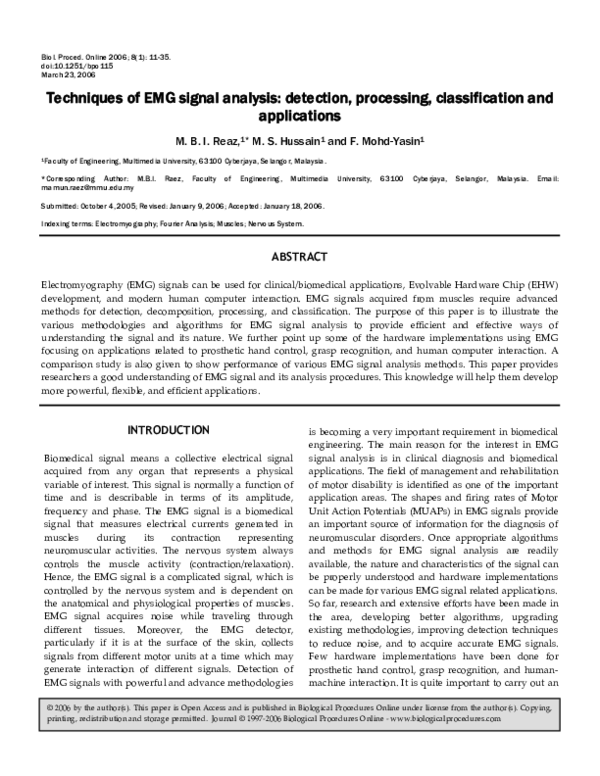 Pdf Techniques Of Emg Signal Analysis Detection Processing Classification And Applications