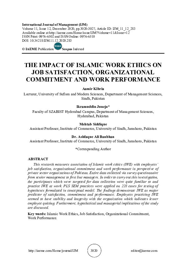 (PDF) THE IMPACT OF ISLAMIC WORK ETHICS ON JOB SATISFACTION, ORGANIZATIONAL COMMITMENT AND WORK ...