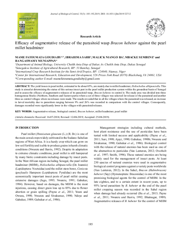 (PDF) Efficacy of augmentative release of the parasitoid wasp Bracon ...