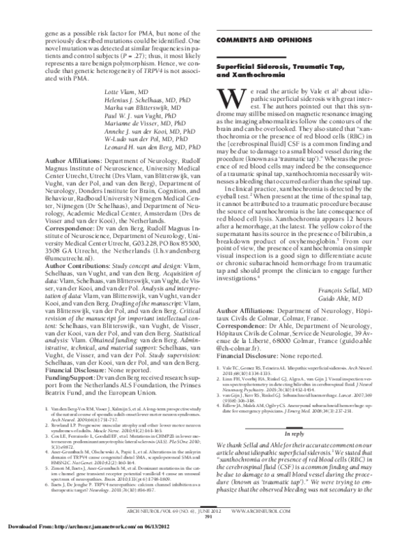 (PDF) Archives of Neurology Superficial siderosis, traumatic tap and ...